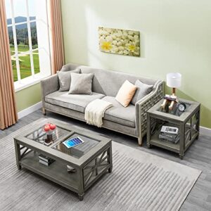 LEEMTORIG Farmhouse Coffee Tables for Living Room, Grey Coffee Tables Rustic Solid Wood Coffee Table with Storage Shelf, Glass Cocktail Table Center Table, 45.5"x26"x19", Antique Grey KFZ-1318-AN