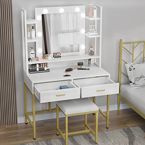 PAKASEPT Vanity Table with Lighted Mirror, Elegant Makeup Vanity Dressing Table with LED Lights and 2 Drawers & Cushioned Stool & Storage Shelves for Women Girls (White)