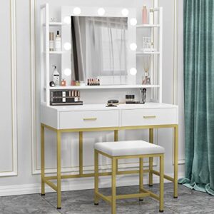 pakasept vanity table with lighted mirror, elegant makeup vanity dressing table with led lights and 2 drawers & cushioned stool & storage shelves for women girls (white)