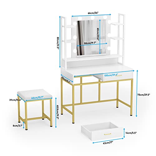 PAKASEPT Vanity Table with Lighted Mirror, Elegant Makeup Vanity Dressing Table with LED Lights and 2 Drawers & Cushioned Stool & Storage Shelves for Women Girls (White)