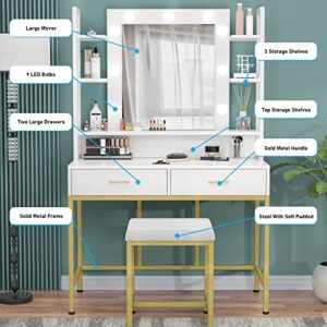 PAKASEPT Vanity Table with Lighted Mirror, Elegant Makeup Vanity Dressing Table with LED Lights and 2 Drawers & Cushioned Stool & Storage Shelves for Women Girls (White)