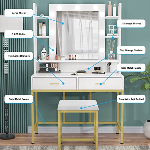 PAKASEPT Vanity Table with Lighted Mirror, Elegant Makeup Vanity Dressing Table with LED Lights and 2 Drawers & Cushioned Stool & Storage Shelves for Women Girls (White)