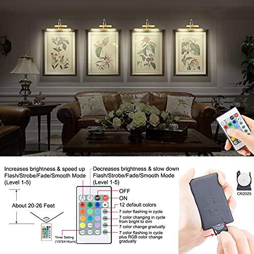 HONGUT Wireless Painting Lights with Remote, Rechargeable Picture Light，28 LEDs Rotatable Light Head with 12 Color Changing, Dimmable Display Light with Timer for Frame, Portrait, Art, Dartboard-Gold