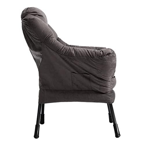 HollyHOME Modern Soft Fabric Lazy Chair, Accent Cotton Contemporary Lounge Chair, Single Steel Frame Leisure Sofa Chair with Armrests and A Side Pocket, Thick Padded Back, Coffee Grey