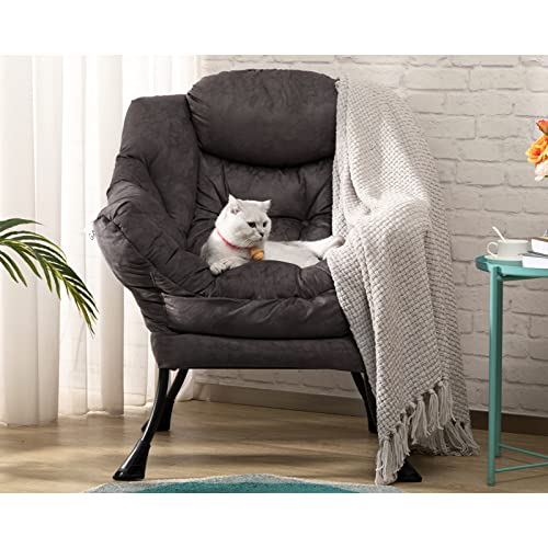 HollyHOME Modern Soft Fabric Lazy Chair, Accent Cotton Contemporary Lounge Chair, Single Steel Frame Leisure Sofa Chair with Armrests and A Side Pocket, Thick Padded Back, Coffee Grey