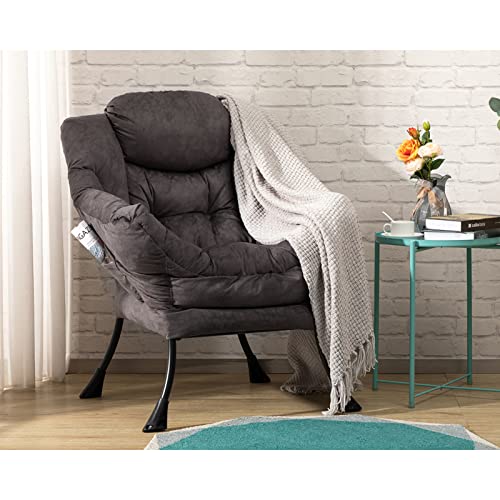 HollyHOME Modern Soft Fabric Lazy Chair, Accent Cotton Contemporary Lounge Chair, Single Steel Frame Leisure Sofa Chair with Armrests and A Side Pocket, Thick Padded Back, Coffee Grey