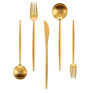 matte gold silverware set for 4, ibiilii jeff 20 pieces stainless steel flatware set，kitchen utensil set, tableware cutlery set, knife spoons and forks set, satin finished polished & dishwasher safe