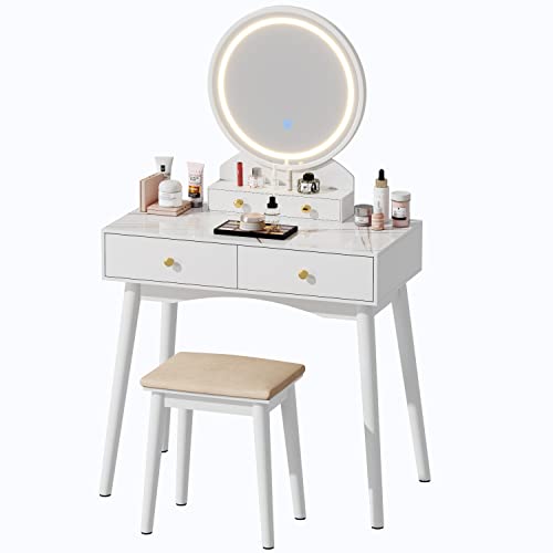 Furmax Vanity Desk Makeup Vanity Table with Lighted Mirror Vanity Set with Modern Desktop, Soft Cushioned Stool, 4 Storage Drawers, 3 Colors Mirror Brightness Adjustable (White)