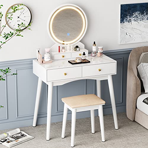 Furmax Vanity Desk Makeup Vanity Table with Lighted Mirror Vanity Set with Modern Desktop, Soft Cushioned Stool, 4 Storage Drawers, 3 Colors Mirror Brightness Adjustable (White)