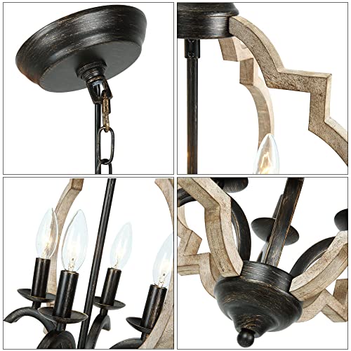 Lampundit Farmhouse Geometric Chandelier Light Fixture, 4 Light Wood Chandelier for Dining Room Kitchen Foyer Hallway Entrywa, Wood & Black Finish