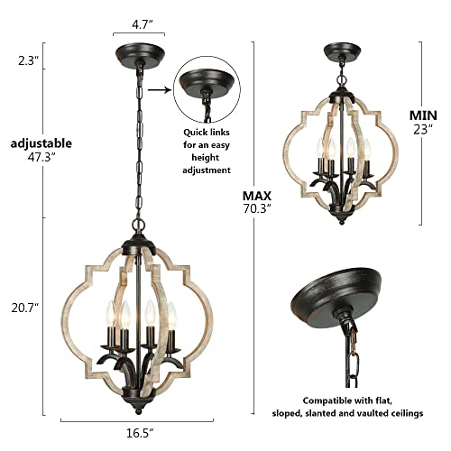 Lampundit Farmhouse Geometric Chandelier Light Fixture, 4 Light Wood Chandelier for Dining Room Kitchen Foyer Hallway Entrywa, Wood & Black Finish