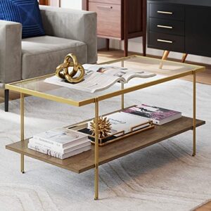 nathan james asher mid-century rectangle coffee table glass top and rustic oak storage shelf with sleek brass metal legs, gold