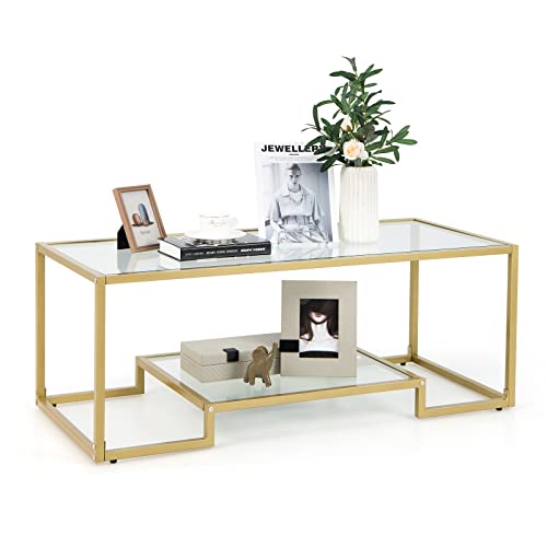 Tangkula Rectangular Glass Coffee Table, 45in Wide Modern Tempered Glass Center Table with Golden Steel Frame, 2 Tier Accent Table Home Furniture Décor for Tea Living Room Office (Gold, 45'' Wide)