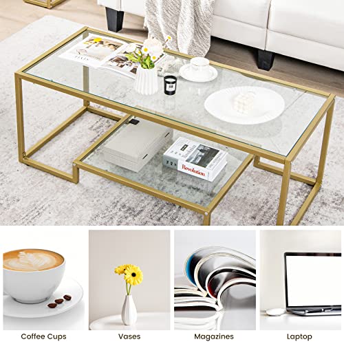 Tangkula Rectangular Glass Coffee Table, 45in Wide Modern Tempered Glass Center Table with Golden Steel Frame, 2 Tier Accent Table Home Furniture Décor for Tea Living Room Office (Gold, 45'' Wide)