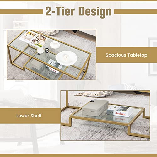 Tangkula Rectangular Glass Coffee Table, 45in Wide Modern Tempered Glass Center Table with Golden Steel Frame, 2 Tier Accent Table Home Furniture Décor for Tea Living Room Office (Gold, 45'' Wide)