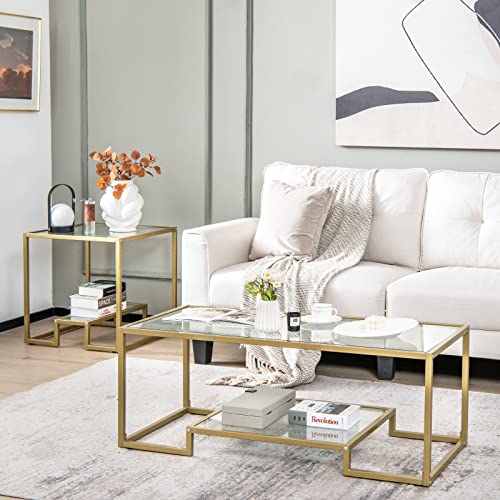 Tangkula Rectangular Glass Coffee Table, 45in Wide Modern Tempered Glass Center Table with Golden Steel Frame, 2 Tier Accent Table Home Furniture Décor for Tea Living Room Office (Gold, 45'' Wide)