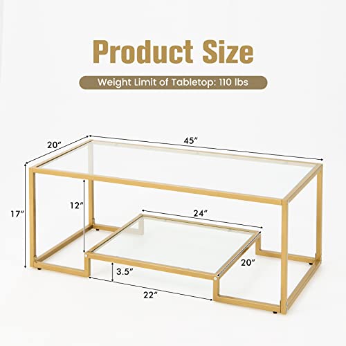 Tangkula Rectangular Glass Coffee Table, 45in Wide Modern Tempered Glass Center Table with Golden Steel Frame, 2 Tier Accent Table Home Furniture Décor for Tea Living Room Office (Gold, 45'' Wide)