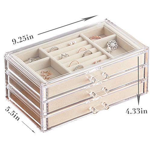 HerFav Acrylic Jewelry Organizer Box with 3 Drawers, Clear Jewelry Boxes for Women Earring Rings Bangle Bracelet and Necklace Holder Storage Velvet Jewelry Display Case