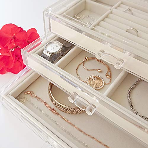 HerFav Acrylic Jewelry Organizer Box with 3 Drawers, Clear Jewelry Boxes for Women Earring Rings Bangle Bracelet and Necklace Holder Storage Velvet Jewelry Display Case