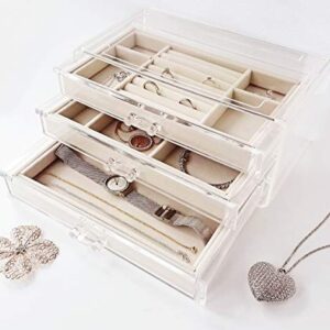 HerFav Acrylic Jewelry Organizer Box with 3 Drawers, Clear Jewelry Boxes for Women Earring Rings Bangle Bracelet and Necklace Holder Storage Velvet Jewelry Display Case