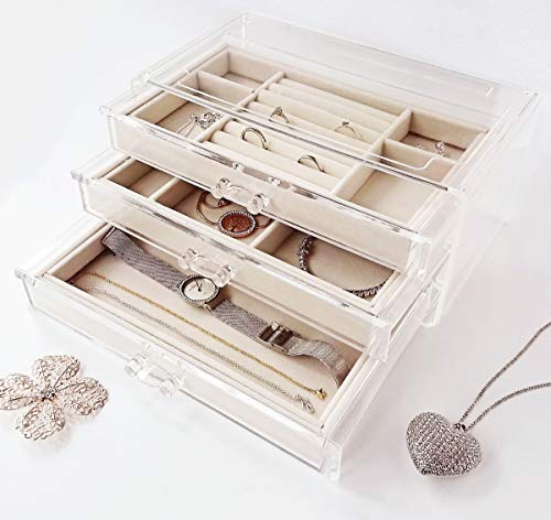 HerFav Acrylic Jewelry Organizer Box with 3 Drawers, Clear Jewelry Boxes for Women Earring Rings Bangle Bracelet and Necklace Holder Storage Velvet Jewelry Display Case