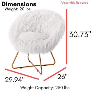 BIRDROCK HOME White Faux Fur Papasan Chair with Pale Gold Legs - Kids Bedroom Moon Chair - Comfy Wide Cushion Seat - Living Room Saucer - Metal - Fluffy Round Seat - Circle