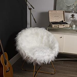 BIRDROCK HOME White Faux Fur Papasan Chair with Pale Gold Legs - Kids Bedroom Moon Chair - Comfy Wide Cushion Seat - Living Room Saucer - Metal - Fluffy Round Seat - Circle