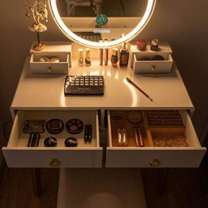 CHARMAID Vanity Set with Lighted Mirror, 3 Color Touch Screen Dimming Mirror with Display, 4 Drawers with Jewelry Organizer, Bedroom Makeup Dressing Table with Cushioned Stool