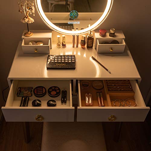 CHARMAID Vanity Set with Lighted Mirror, 3 Color Touch Screen Dimming Mirror with Display, 4 Drawers with Jewelry Organizer, Bedroom Makeup Dressing Table with Cushioned Stool