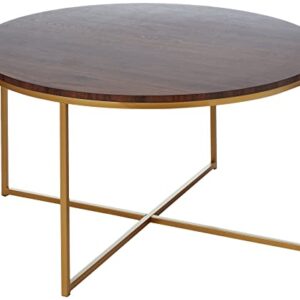 Walker Edison Cora Modern Round Faux Marble Top Coffee Table with X Base, 36 Inch, Walnut and Gold