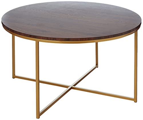 Walker Edison Cora Modern Round Faux Marble Top Coffee Table with X Base, 36 Inch, Walnut and Gold