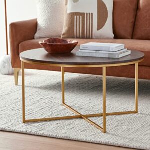 Walker Edison Cora Modern Round Faux Marble Top Coffee Table with X Base, 36 Inch, Walnut and Gold