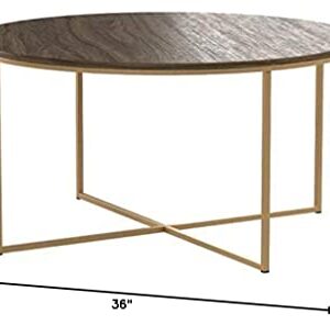 Walker Edison Cora Modern Round Faux Marble Top Coffee Table with X Base, 36 Inch, Walnut and Gold