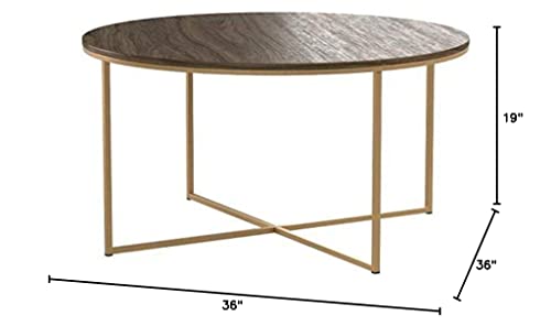 Walker Edison Cora Modern Round Faux Marble Top Coffee Table with X Base, 36 Inch, Walnut and Gold