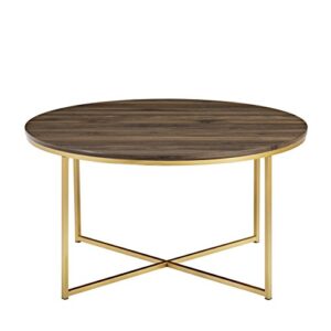 Walker Edison Cora Modern Round Faux Marble Top Coffee Table with X Base, 36 Inch, Walnut and Gold