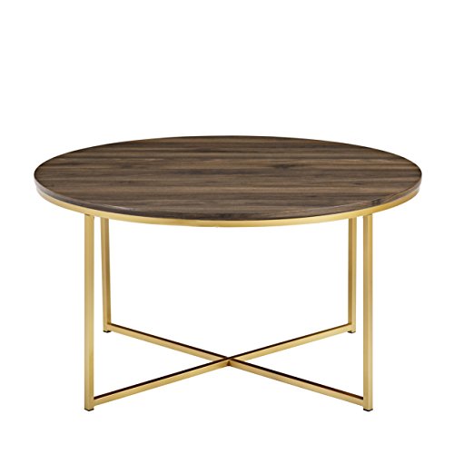 Walker Edison Cora Modern Round Faux Marble Top Coffee Table with X Base, 36 Inch, Walnut and Gold