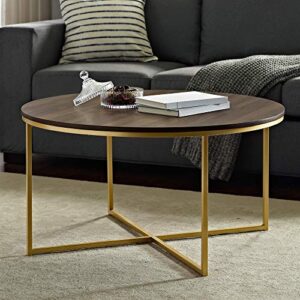 Walker Edison Cora Modern Round Faux Marble Top Coffee Table with X Base, 36 Inch, Walnut and Gold