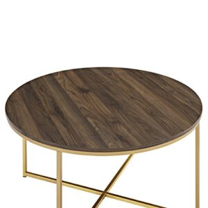 Walker Edison Cora Modern Round Faux Marble Top Coffee Table with X Base, 36 Inch, Walnut and Gold