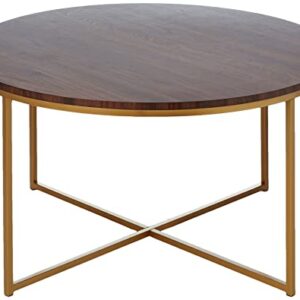 Walker Edison Cora Modern Round Faux Marble Top Coffee Table with X Base, 36 Inch, Walnut and Gold