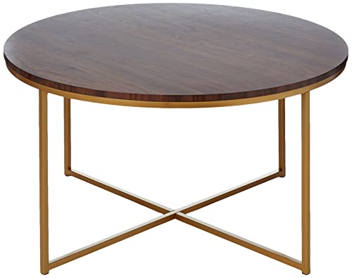 Walker Edison Cora Modern Round Faux Marble Top Coffee Table with X Base, 36 Inch, Walnut and Gold