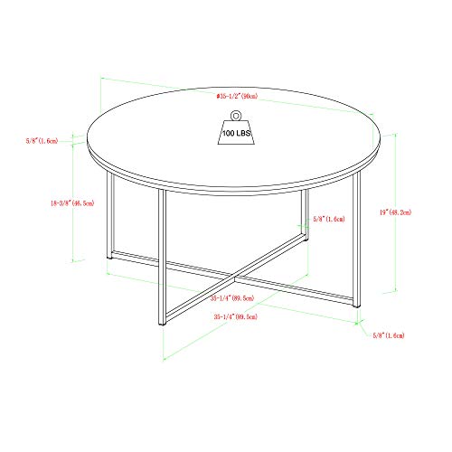 Walker Edison Cora Modern Round Faux Marble Top Coffee Table with X Base, 36 Inch, Walnut and Gold