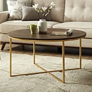 Walker Edison Cora Modern Round Faux Marble Top Coffee Table with X Base, 36 Inch, Walnut and Gold