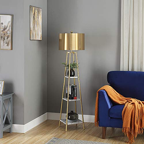 ROSEN GARDEN Floor Lamp, Standing Reading Light with Shelves and Gold Shade, Modern Tall Pole Lamp, Accent Furniture Décor Lighting for Living Room, Bedrooms