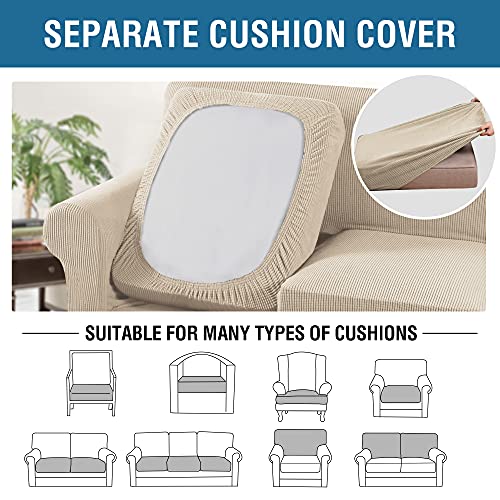 H.VERSAILTEX 4 Piece Stretch Sofa Covers for 3 Cushion Couch Covers for Living Room Furniture Slipcovers (Base Cover Plus 3 Seat Cushion Covers) Upgraded Thicker Jacquard Fabric (Sofa, Natural)