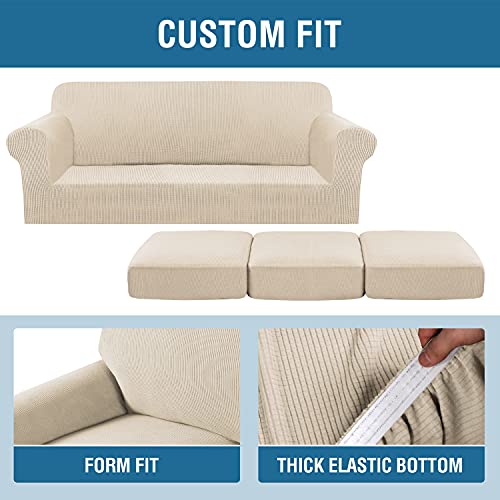 H.VERSAILTEX 4 Piece Stretch Sofa Covers for 3 Cushion Couch Covers for Living Room Furniture Slipcovers (Base Cover Plus 3 Seat Cushion Covers) Upgraded Thicker Jacquard Fabric (Sofa, Natural)