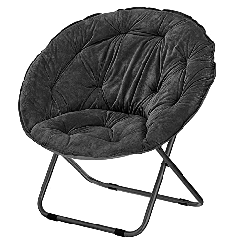 mDesign Urban Papasan Folding Moon Chair - Large Saucer UFO Chair with Collapsible Metal Frame - Fuzzy Foldable Dish Seat for Home Office, Living Room, Dorm Room, and Bedroom - Black