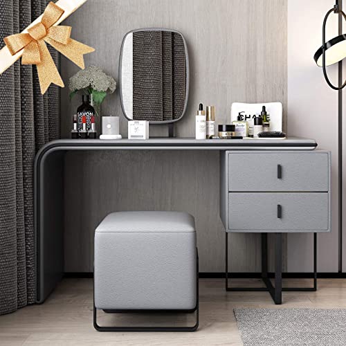 FUKAYI Vanity Makeup Table Set, Makeup Desk with Mirror and Stool, Dressing Table with Drawers, Dresser Desk for Wife Girlfriend, Grey Black