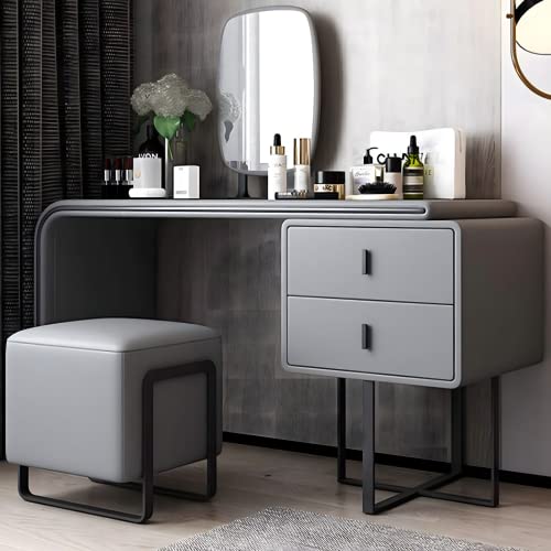 FUKAYI Vanity Makeup Table Set, Makeup Desk with Mirror and Stool, Dressing Table with Drawers, Dresser Desk for Wife Girlfriend, Grey Black