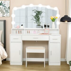 usikey large vanity set with large lighted mirror, modern makeup vanity table with 3 drawers, 2 storage cabinets & 10 led bulbs, dressing table with cushioned stool for women, bedroom, white