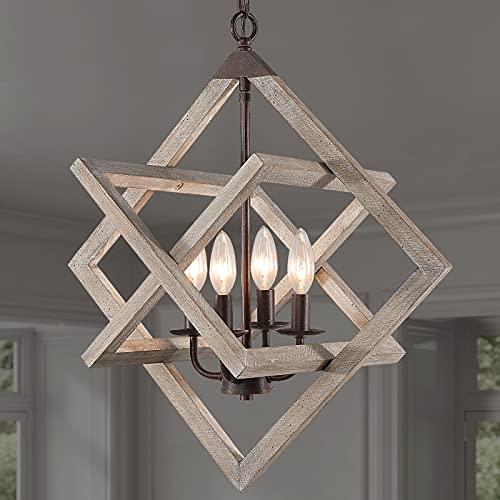 Rustic Wood Farmhouse Chandelier Vintage Geometric Lantern Pendant Light Dining Room Lighting Fixtures Ceiling for Kitchen Island Foyer Entryway